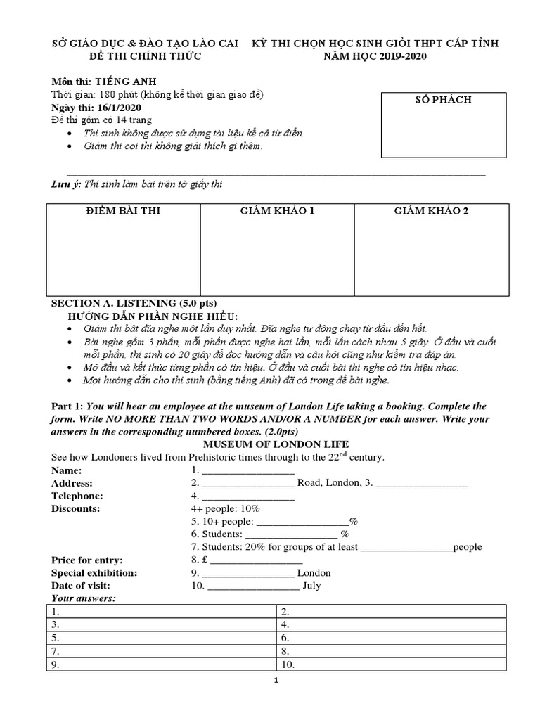 Dedap An HSG Cap Tinh Mon Tieng Anh Nam Hoc 20192020 | PDF