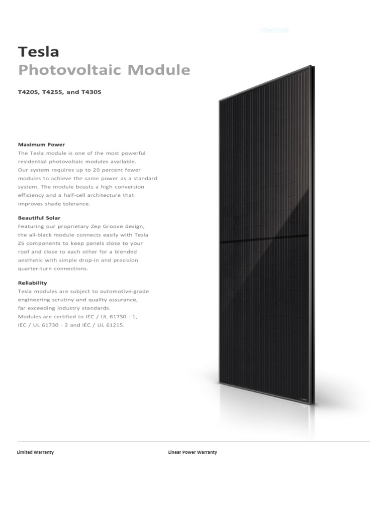 Tesla T420S Solar Panel Specifications | PDF