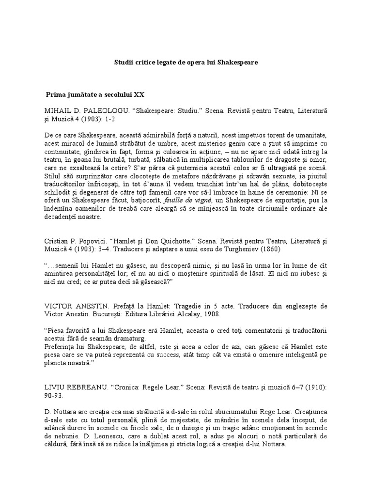 Studii Critice Legate de Opera Lui Shakespeare | PDF