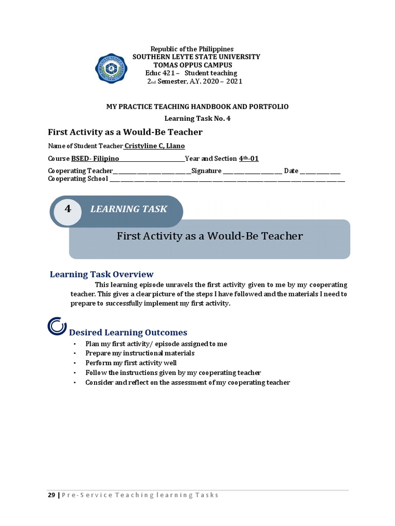 First Activity As A Would-Be Teacher: Learning Task | PDF | Rubric ...