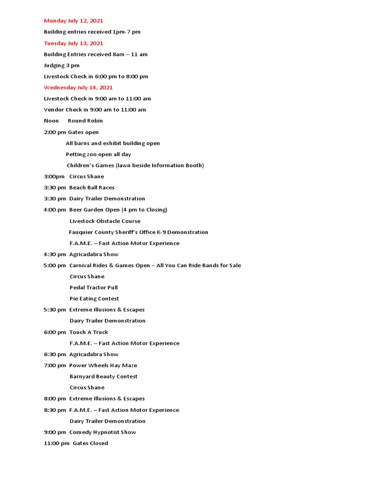 Fauquier County Fair Schedule 2021 | PDF | Cattle | Animals And Humans