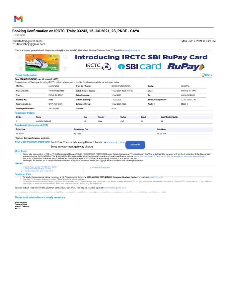 Booking Confirmation On IRCTC, Train: 03243, 12-Jul-2021, 2S, PNBE ...