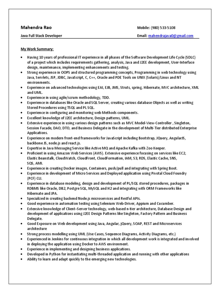 Mahendra Rao: Mobile: (980) 533-5108 Java Full Stack Developer Email ...