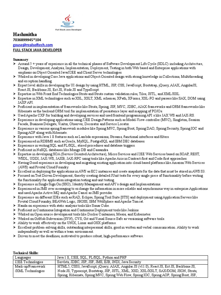 Hashmitha: 7036899945 104 Full Stack Java Developer | PDF | Spring Framework | Representational ...