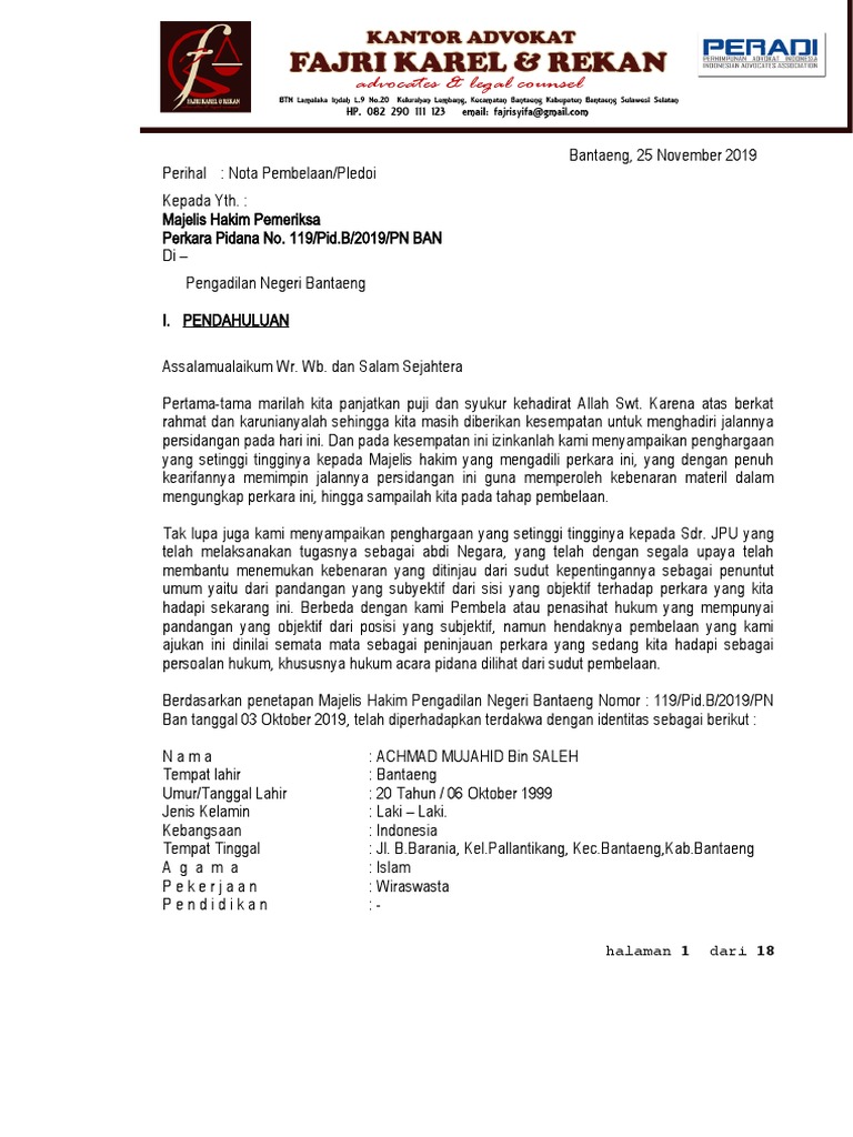 Contoh Peldoi/ Nota Pembelaan Pidana | PDF