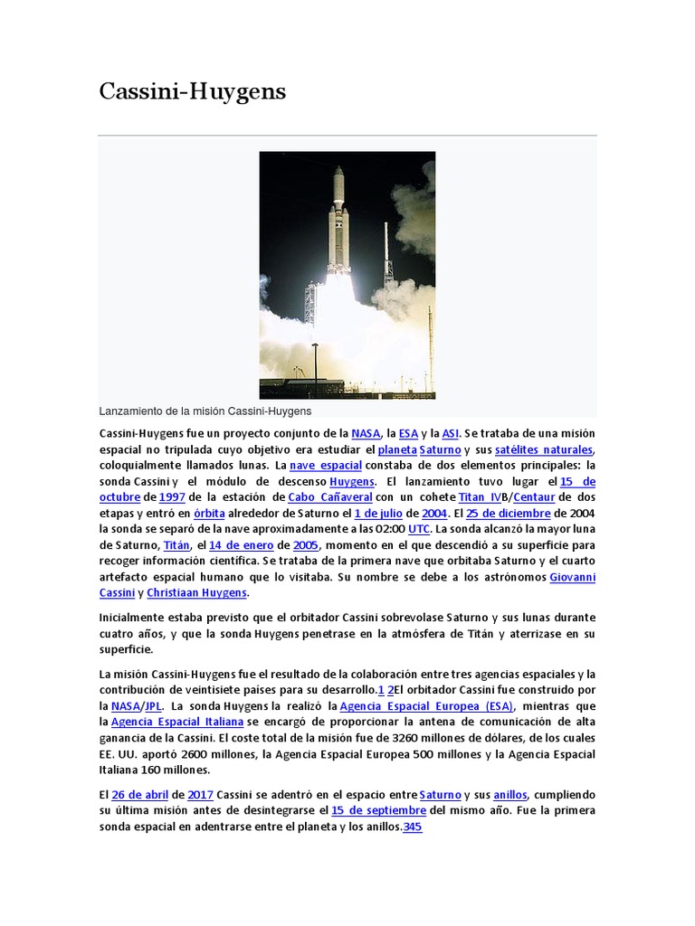 Misión Cassini-Huygens: Exploración de Saturno | PDF | Astronave ...