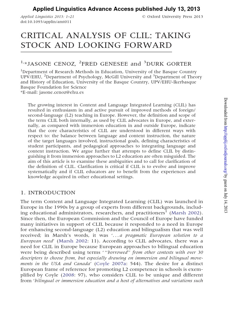 Critical Analysis Of Clil Taking Stock A Download Free Pdf Second Language Linguistics