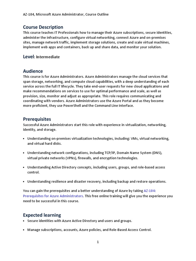 AZ 104T00A ENU CourseOutline | PDF | Microsoft Azure | Active Directory