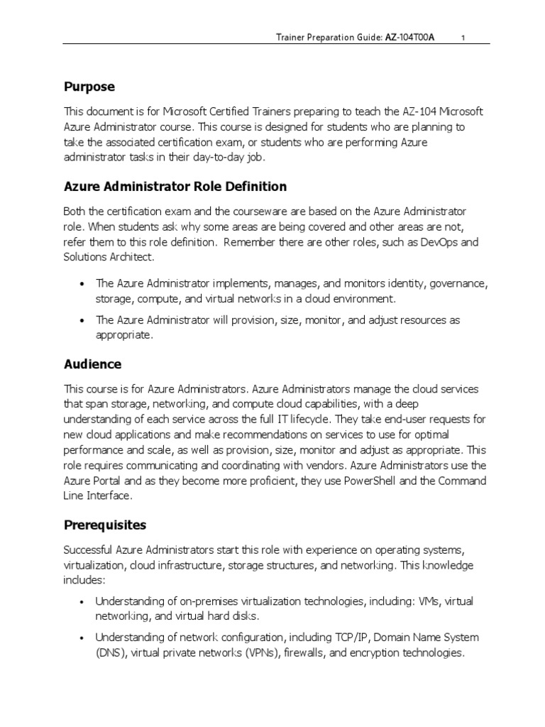 Purpose: Trainer Preparation Guide: AZ-104T00A | PDF | Microsoft Azure | Cloud Computing