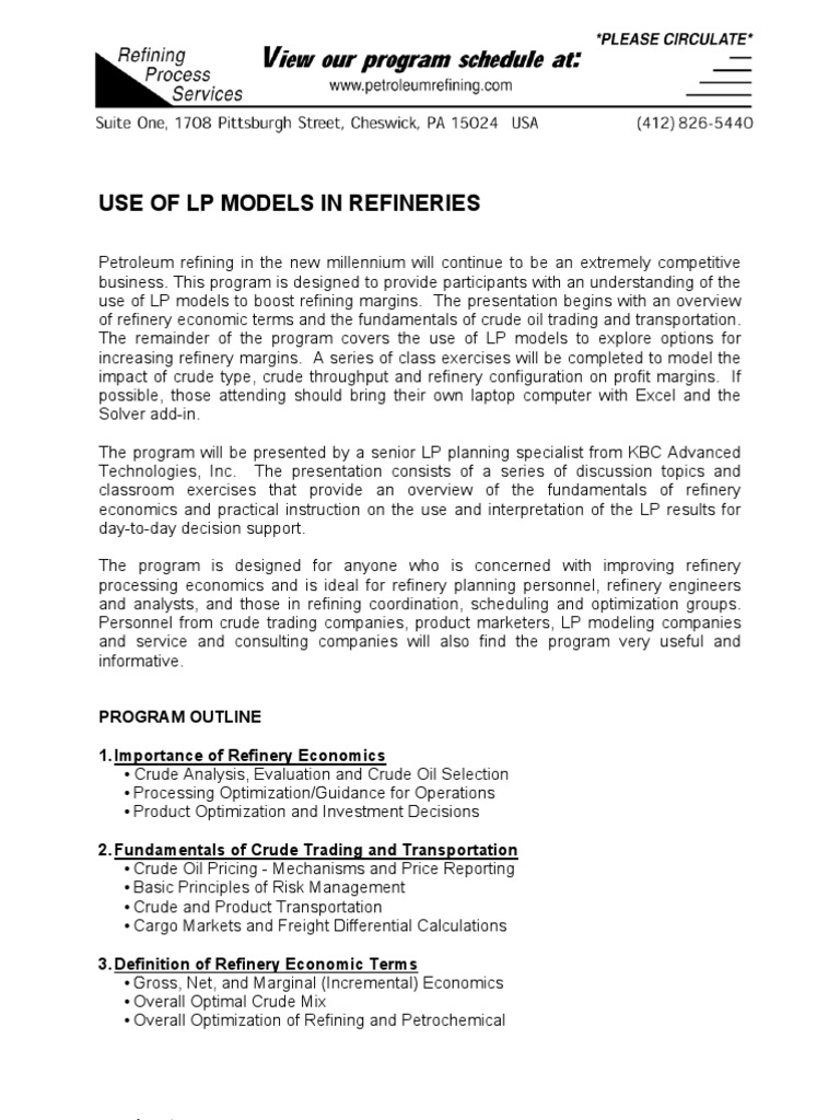 Description of LP Models in Refineries 06-06 | PDF | Oil Refinery ...