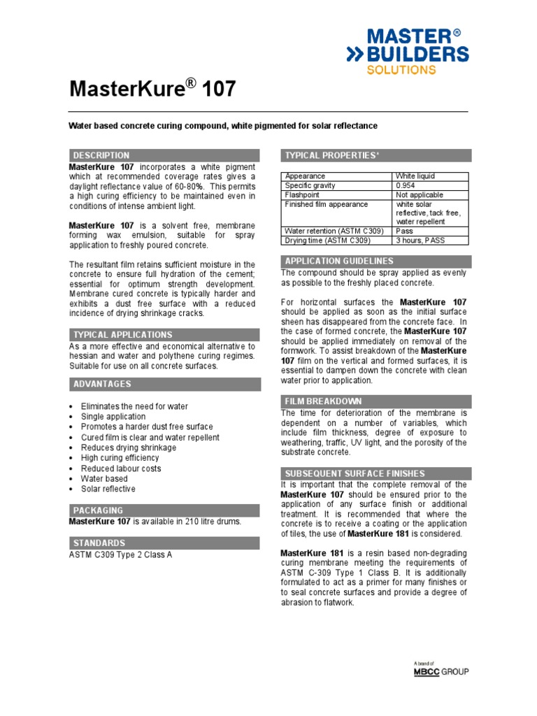 Masterkure 107: Description Typical Properties | PDF | Concrete | Architect