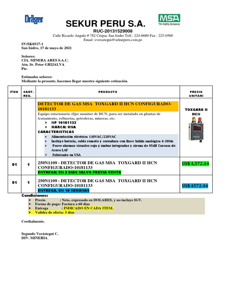 Equipo Estacionario Toxigard Ii de HCN Ares 17-05-2021 | PDF