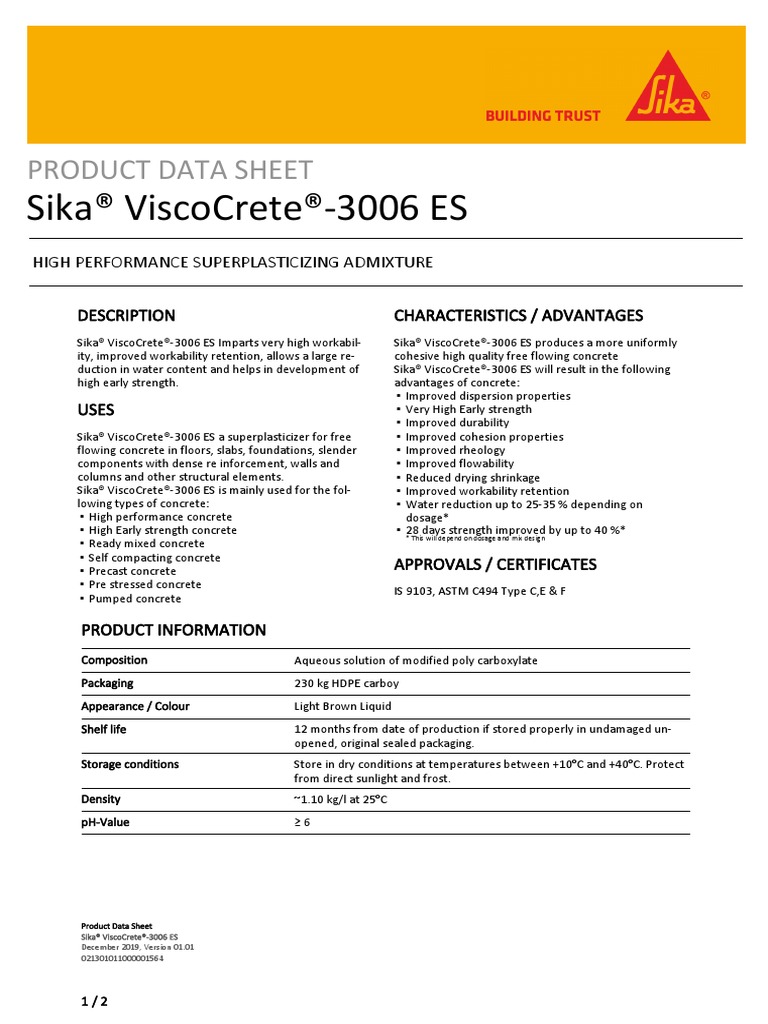 Sika® Viscocrete®-3006 Es: Product Data Sheet | PDF | Concrete | Cement