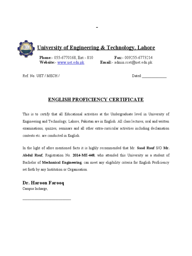 English Proficiency Certificate for Saad Rauf | PDF | Career & Growth ...