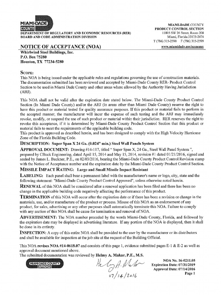 Whirlwind Super Span Steel Panel Miami Dade NOA | PDF