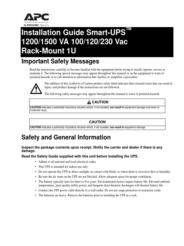 Installation Guide Smart-UPS 1200/1500 VA 100/120/230 Vac Rack-Mount 1U ...
