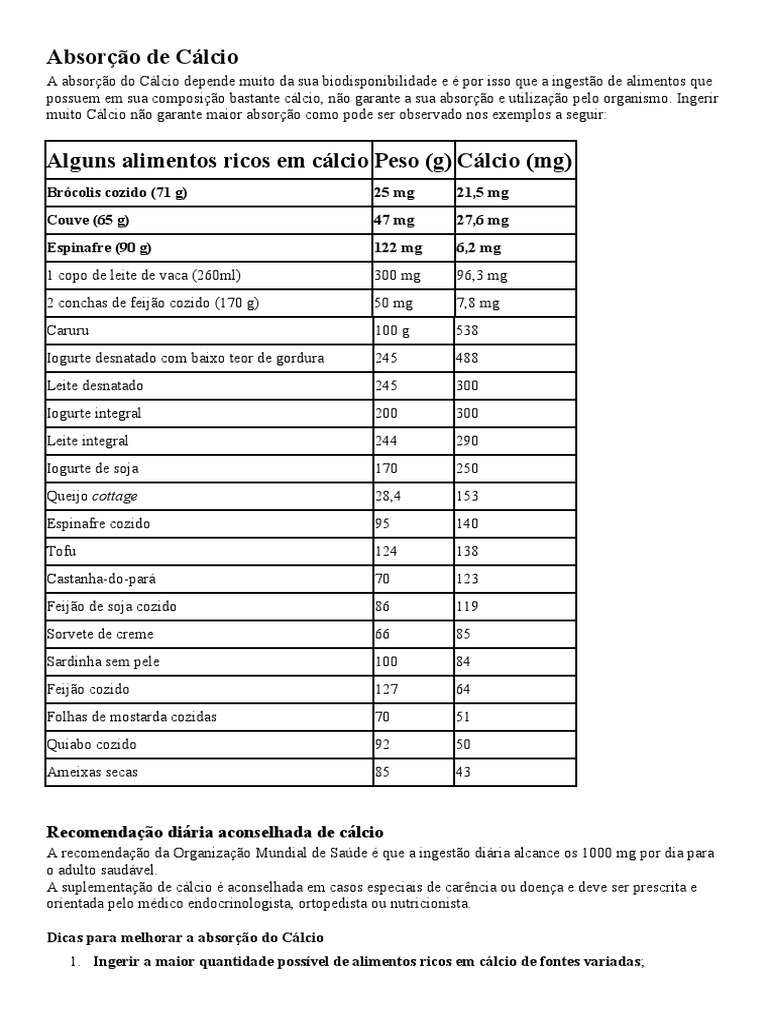 Absorção de Cálcio | Download grátis PDF | Cálcio | Osteoporose