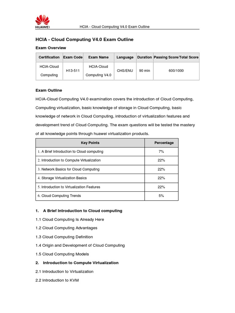 HCIA-Cloud Computing V4.0 Exam Outline | PDF | Virtualization | Cloud Computing