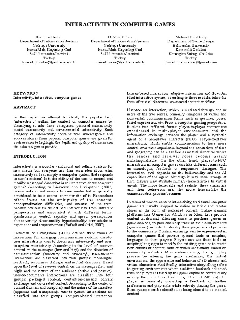 Interactivity in Computer Games | PDF | Interactivity | Role Playing Games