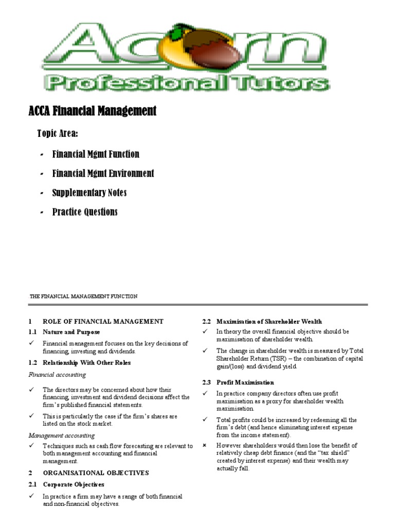 ACCA Financial Management Topic Areas and Objectives | PDF | Financial ...