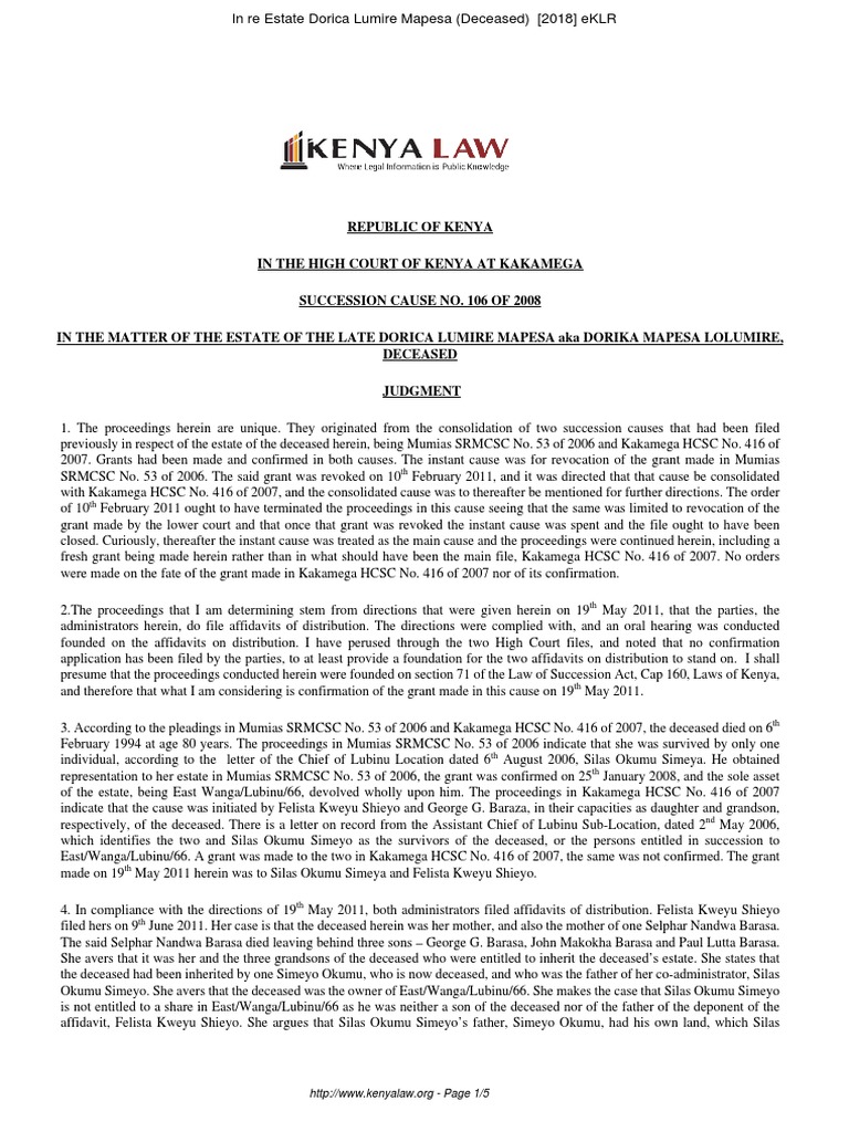 Succession Cause 106 of 2008 | PDF | Concurrent Estate | Leasehold Estate