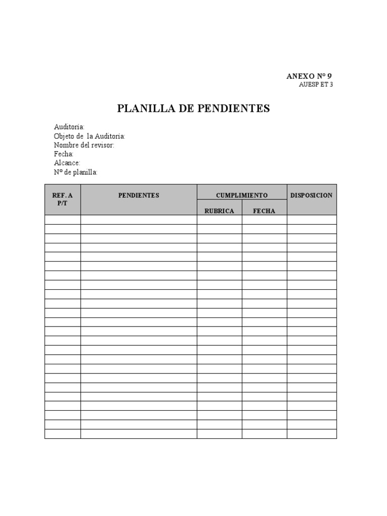 Planilla de Pendientes | PDF