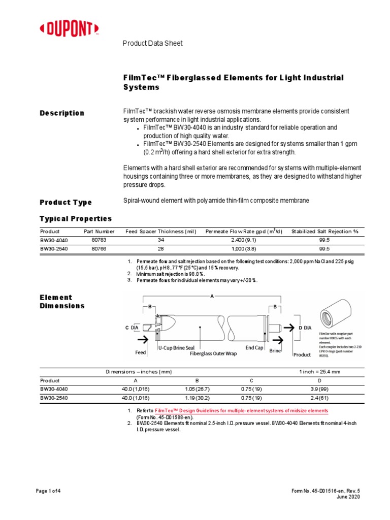 Filmtec™ Fiberglassed Elements For Light Industrial Systems: Product ...