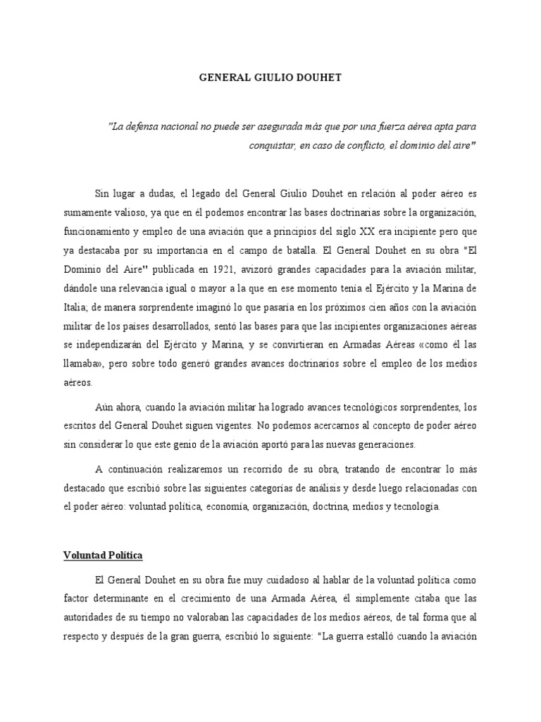 Legado del General Giulio Douhet | PDF | Fuerzas Aereas | Guerra aérea