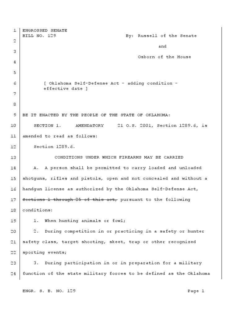 Oklahoma Proposed Open Carry Bill SB 129 | PDF | Business