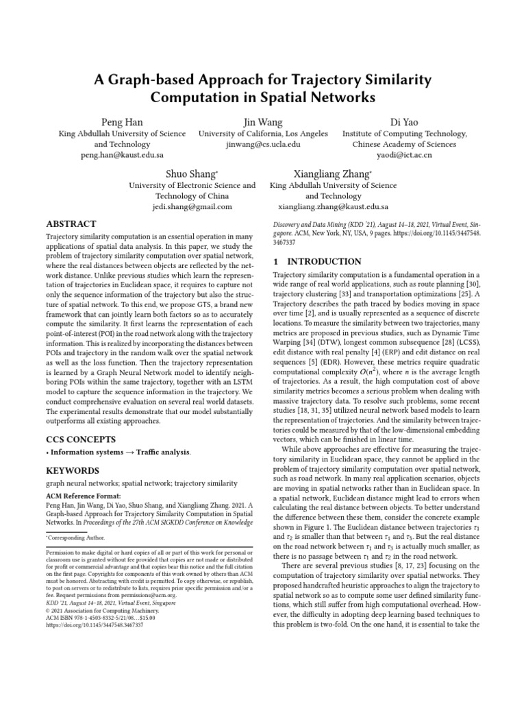 A Graph Based Approach For Trajectory Similarity Computation In Spatial Networks Pdf