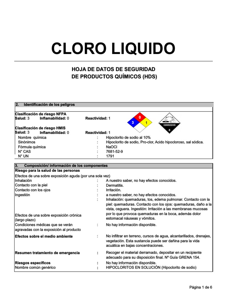 Ficha Tecnica-Cloro Liquido | PDF | Cloro | Amoníaco