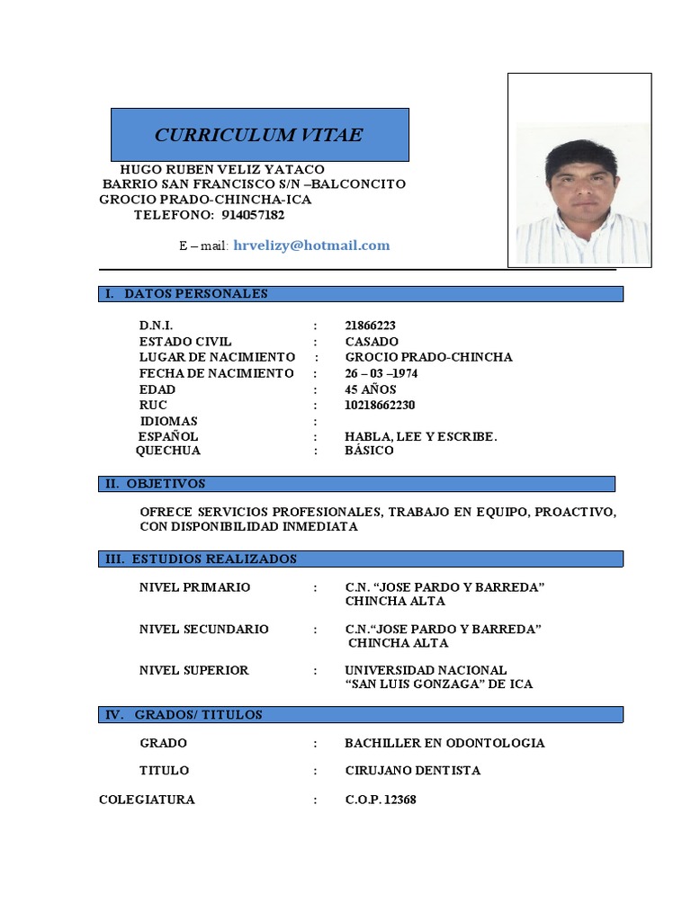 Curriculum Vitae Hugo Rubén Veliz Yataco | PDF | Cuidado de la salud ...