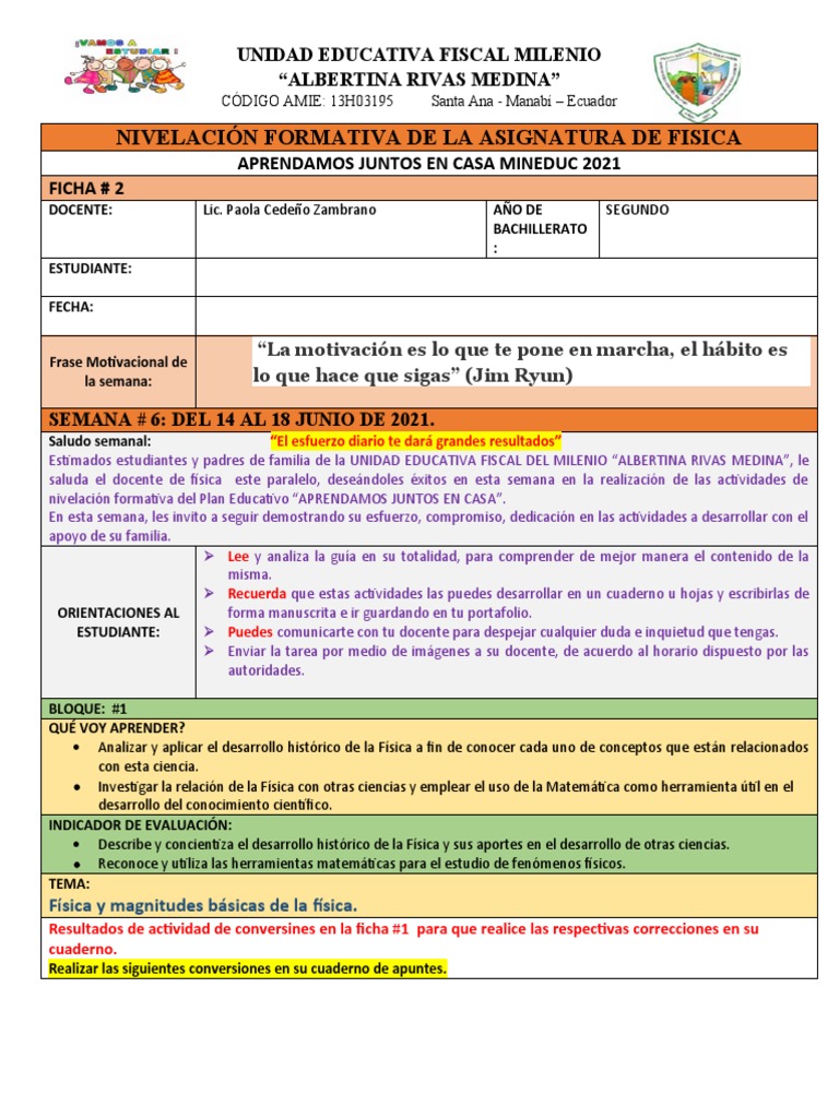 Ficha 2 de 2do Bachi Nivelación Formativa | PDF | Física | Science