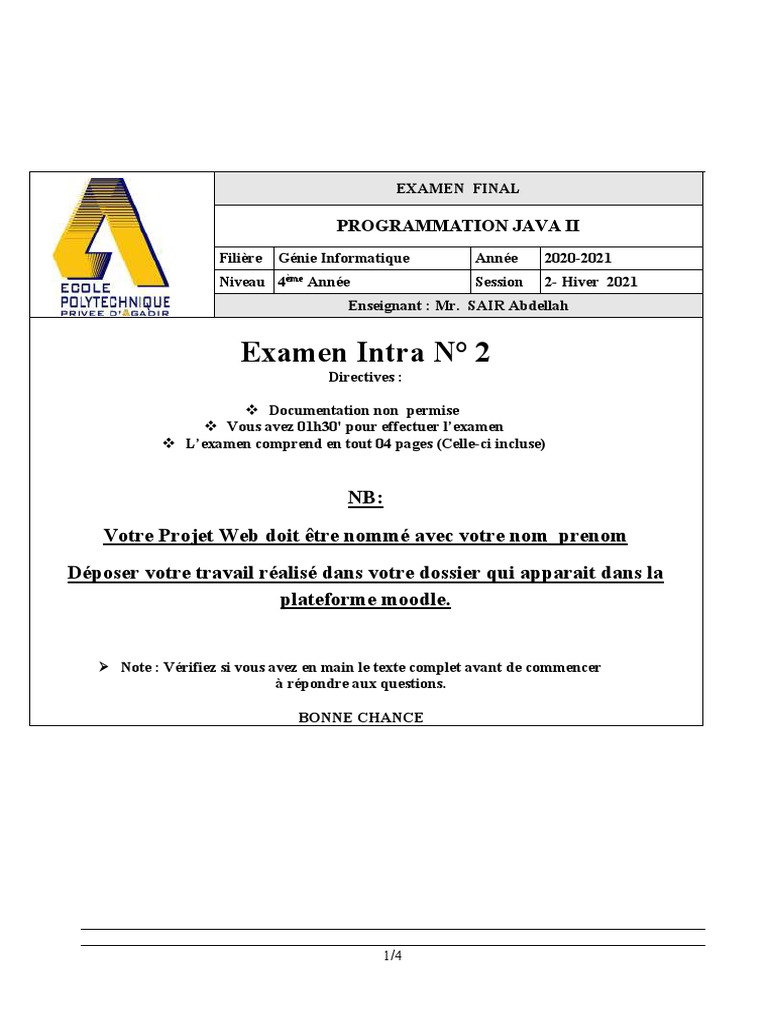 Examen Intra - Sujet N°2 TIN8 PROGRAMMATION JAVA II - 2020 - 2021 | PDF | Html | Internet
