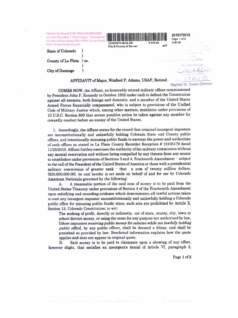 AFFIDAVIT of Major, Winfred P. Adams, USAF, Retired | PDF | Fourteenth ...