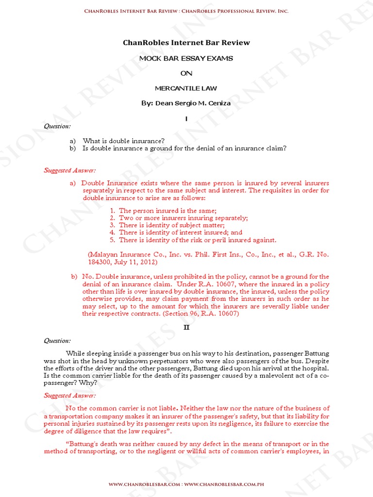 Mercantile Law Mock Bar Exam Insights | PDF | Bill Of Lading | Cargo