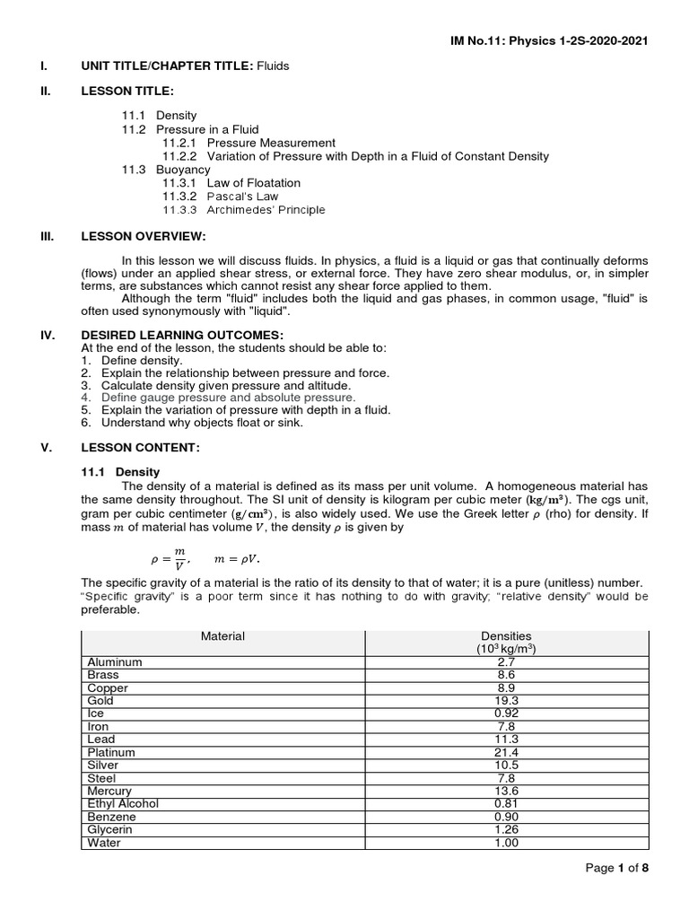 Learning Module in Physics - Fluids | PDF | Buoyancy | Pressure