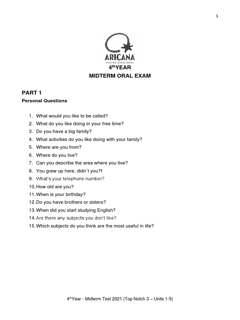 4 Year Midterm Oral Exam: Personal Questions | PDF | Etiquette