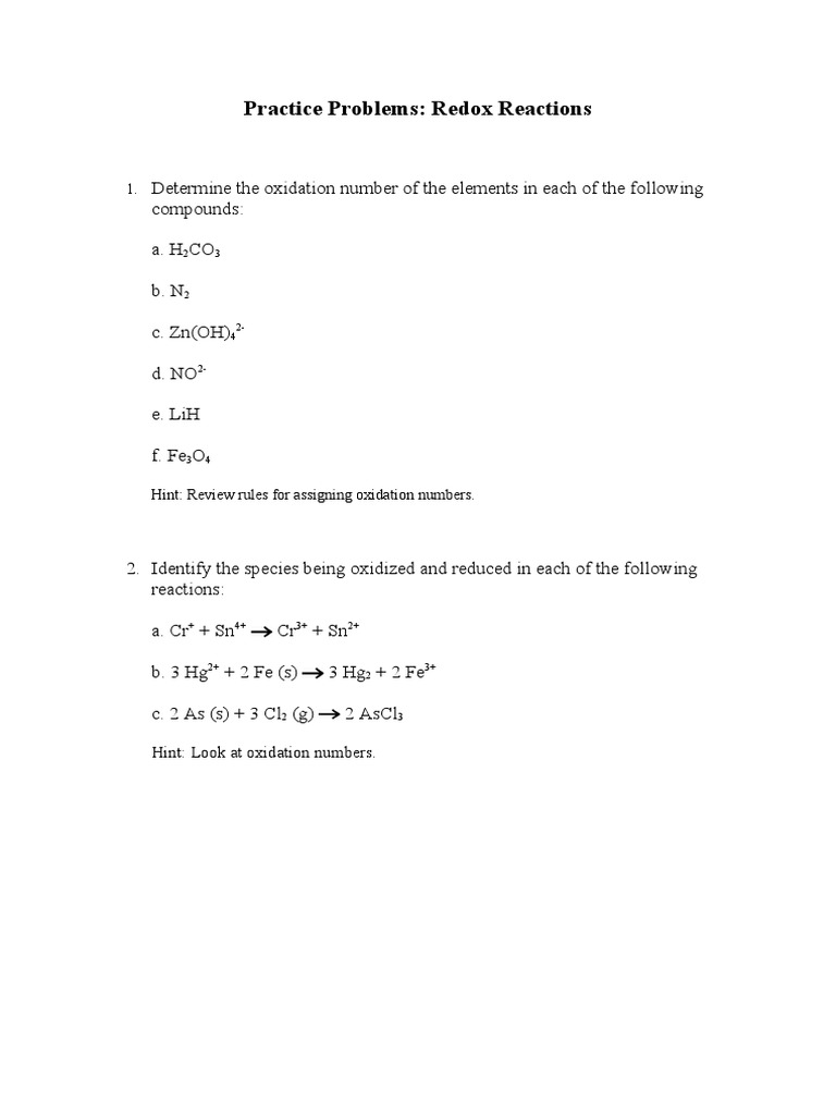 Practice Problems: Redox Reactions | PDF | Redox | Chemical Reactions