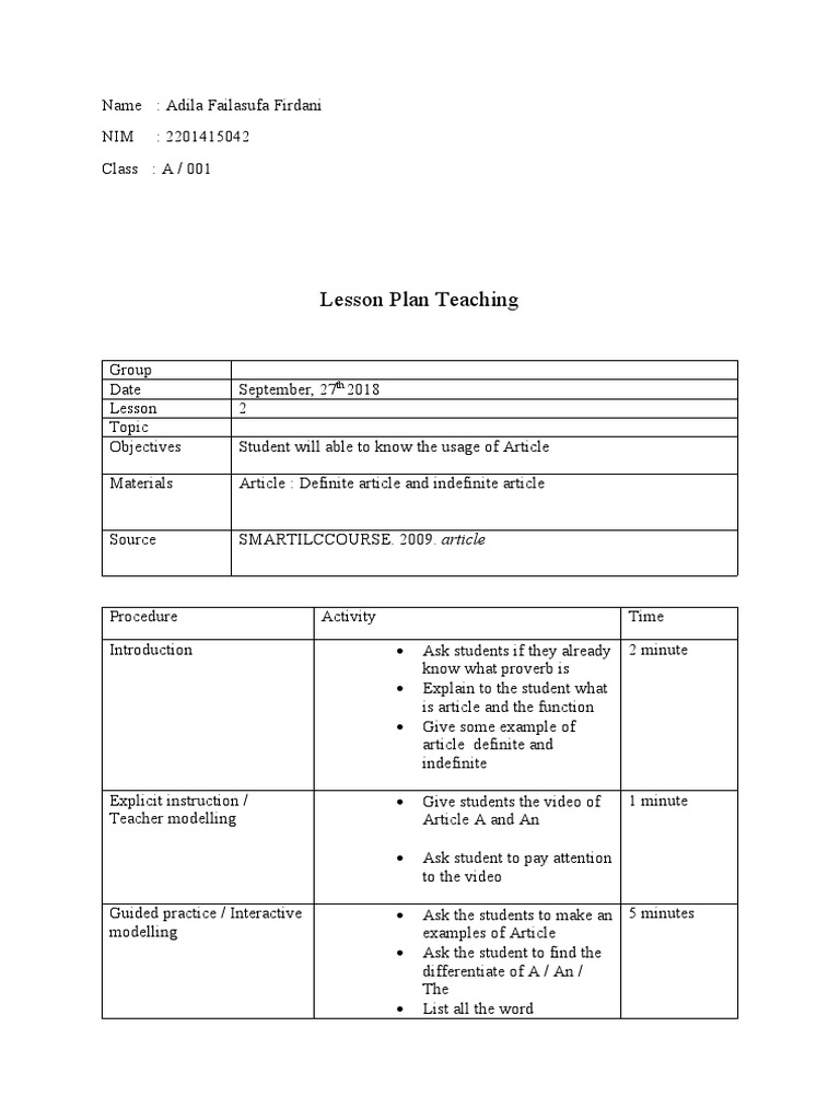 Adilla Speaking Lesson Plan | PDF | Grammatical Number | Noun