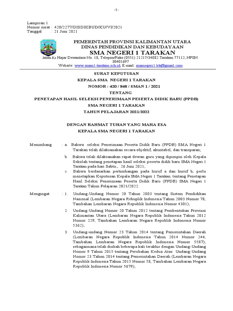 Hasil PPDB SMA Negeri 1 Tarakan 2021 | PDF