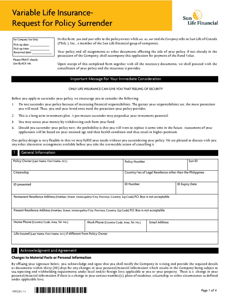 Sun Life Policy Surrender Request Form | PDF | Life Insurance | Insurance