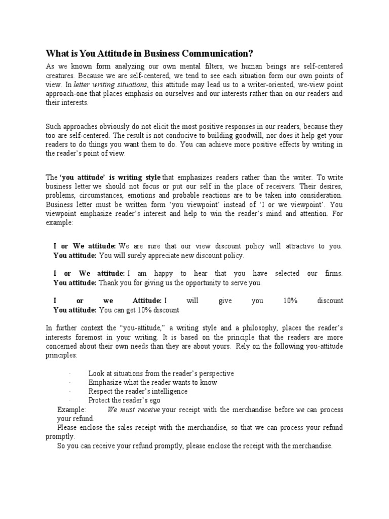 YOU ATTITUDE in Business Communication | PDF | Narration | Communication