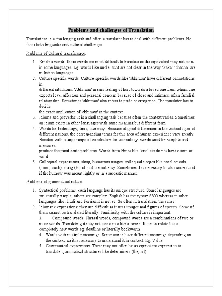 Problems and Challenges of Translation | Download Free PDF ...