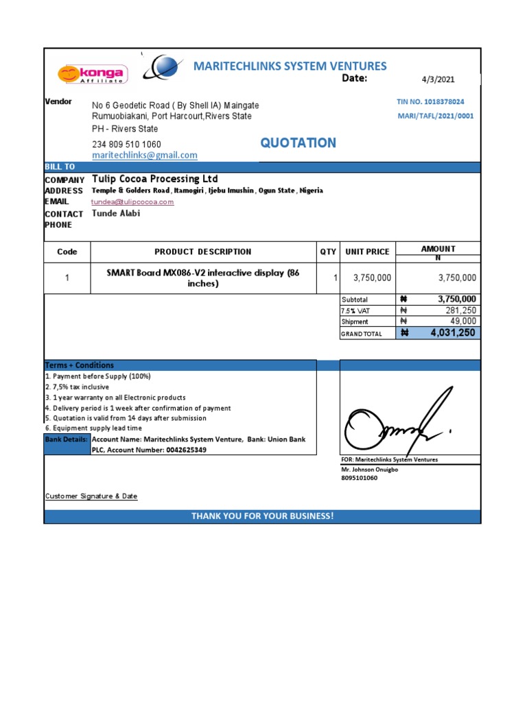 86 Inches Quotation For Smartboard | PDF | Services (Economics) | Payments