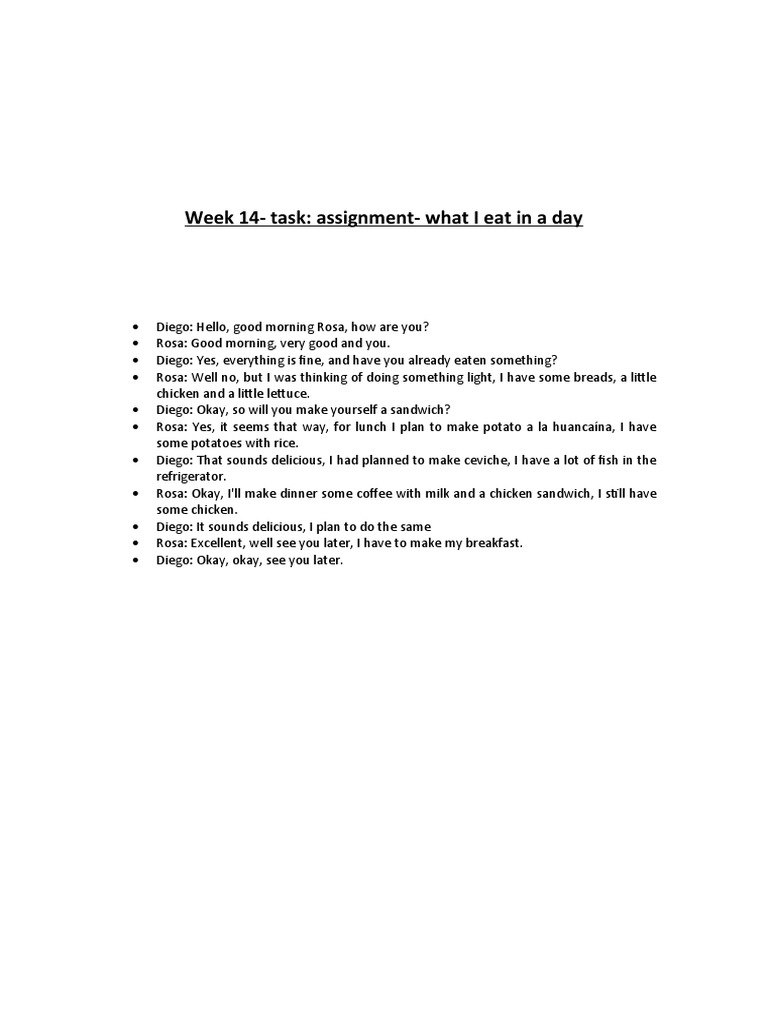 Week 14-Task: Assignment - What I Eat in A Day | PDF | Cooking, Food & Wine