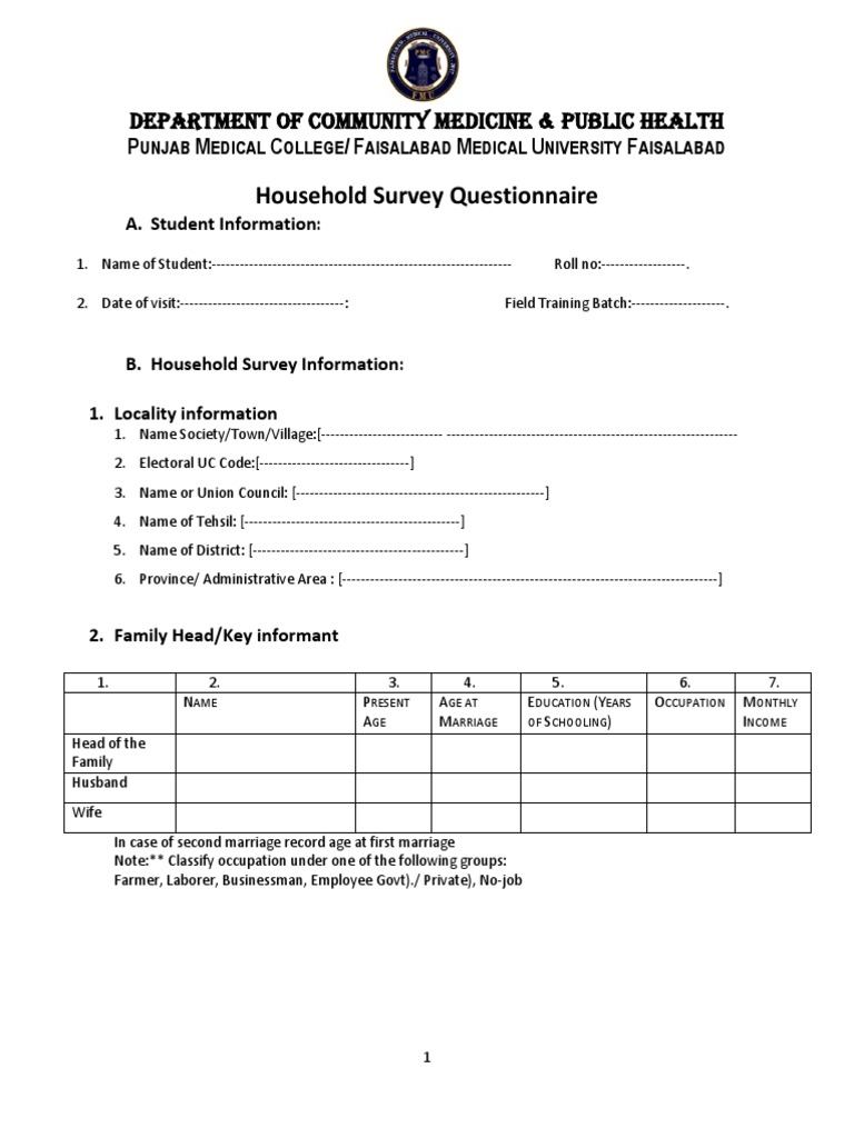Household Survey Questionnaire: P M C / F M U F | Download Free PDF ...