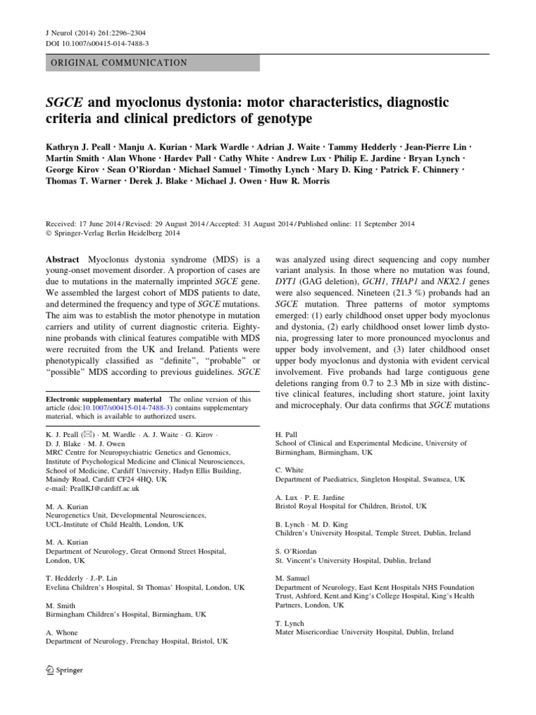 SGCE and Myoclonus Dystonia: Motor Characteristics, Diagnostic Criteria ...
