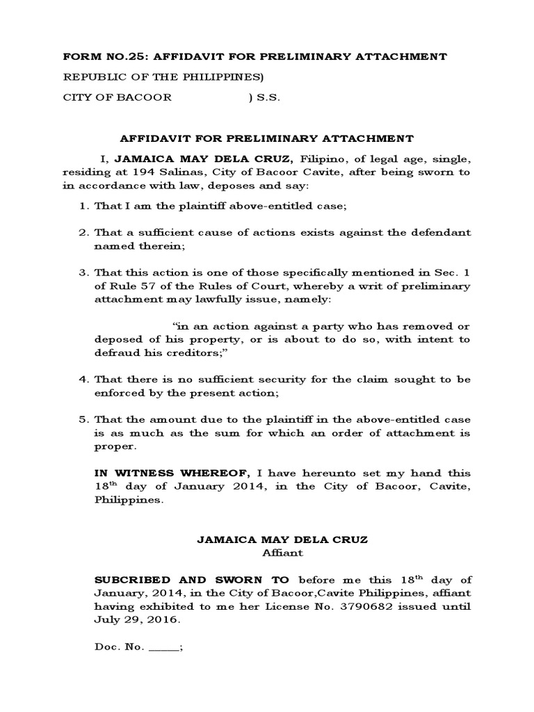 Affidavit For Preliminary Attachment | PDF | Law