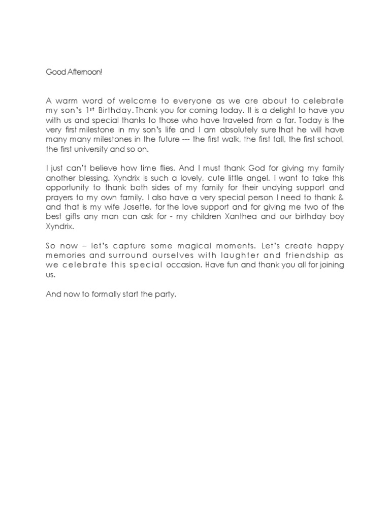 Welcome Speech for 1st Birthday Party | PDF